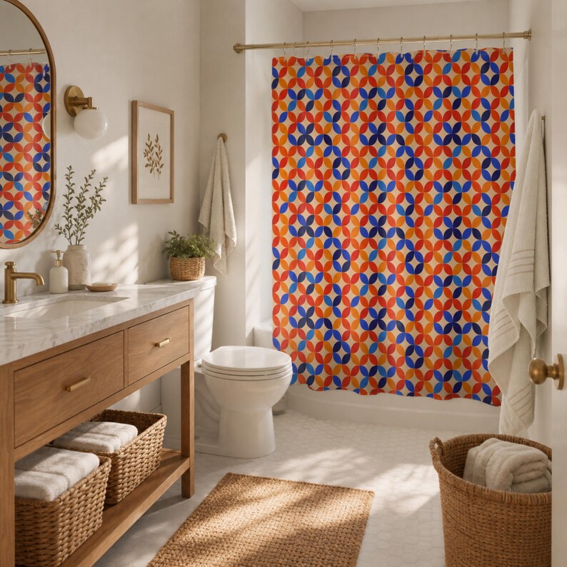 Retro Geometric Circle Pattern Shower Curtain Mid Century Modern ...