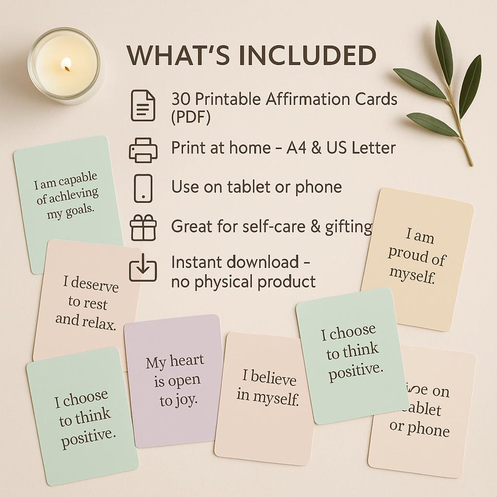 30 Printable Affirmation Cards for Self-care – PDF Mindset & Motivation ...
