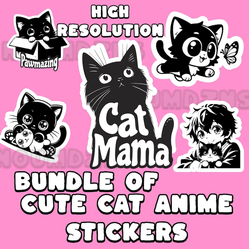 Adorable Black Anime Cat Stickers, SVG Cat Clipart Bundle, Retro Cat ...