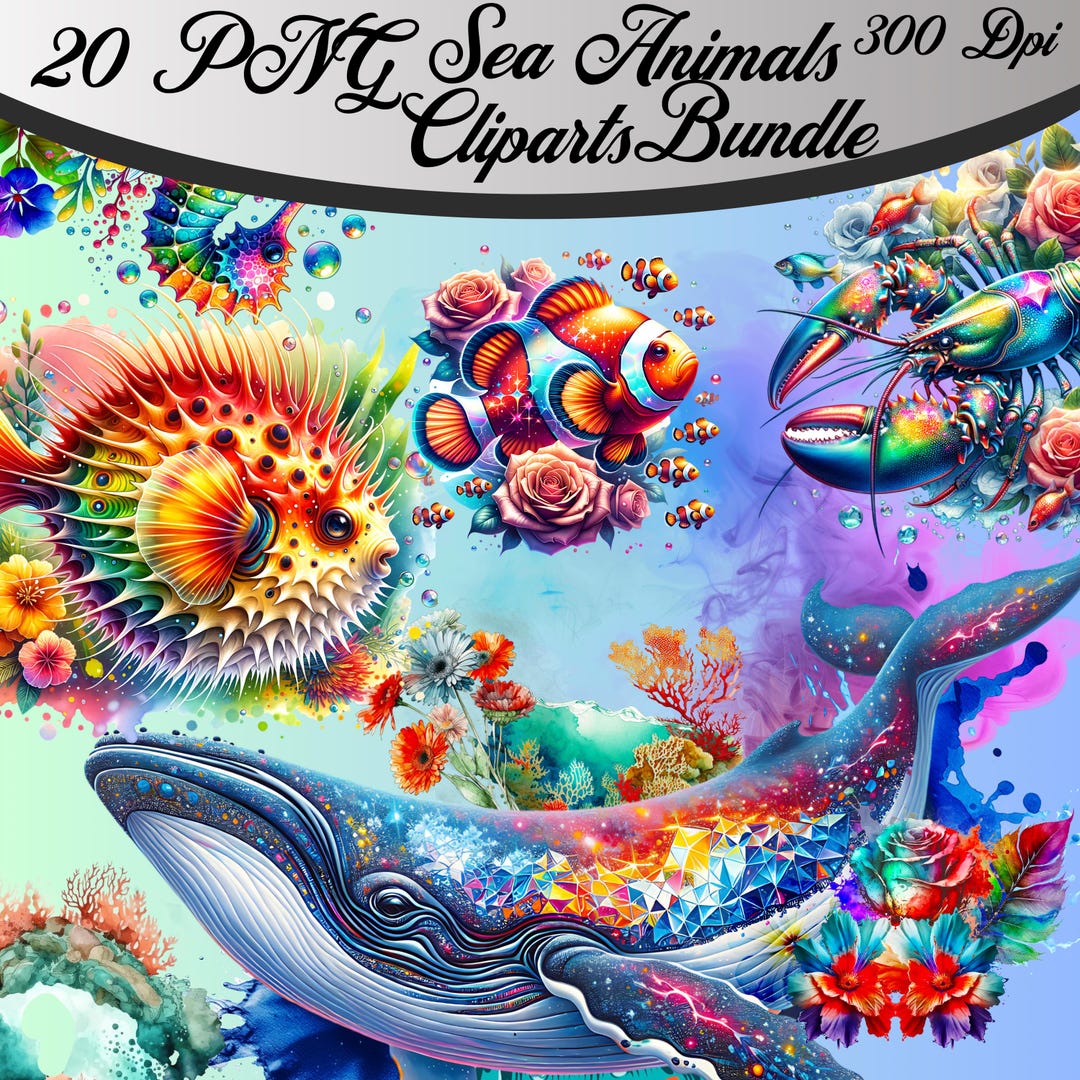 20 PNG Ocean Animal Bundle Cliparts, Vibrant Ocean PNG, Undersea ...