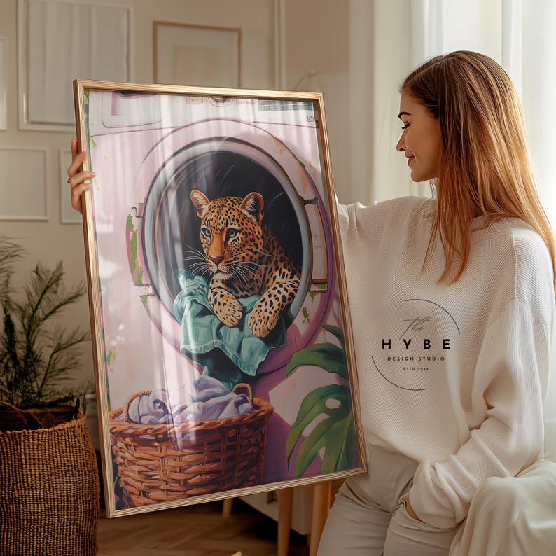 Leopard in Washing Machine | Preppy Wall Art | Maximalist Bathroom Wall ...