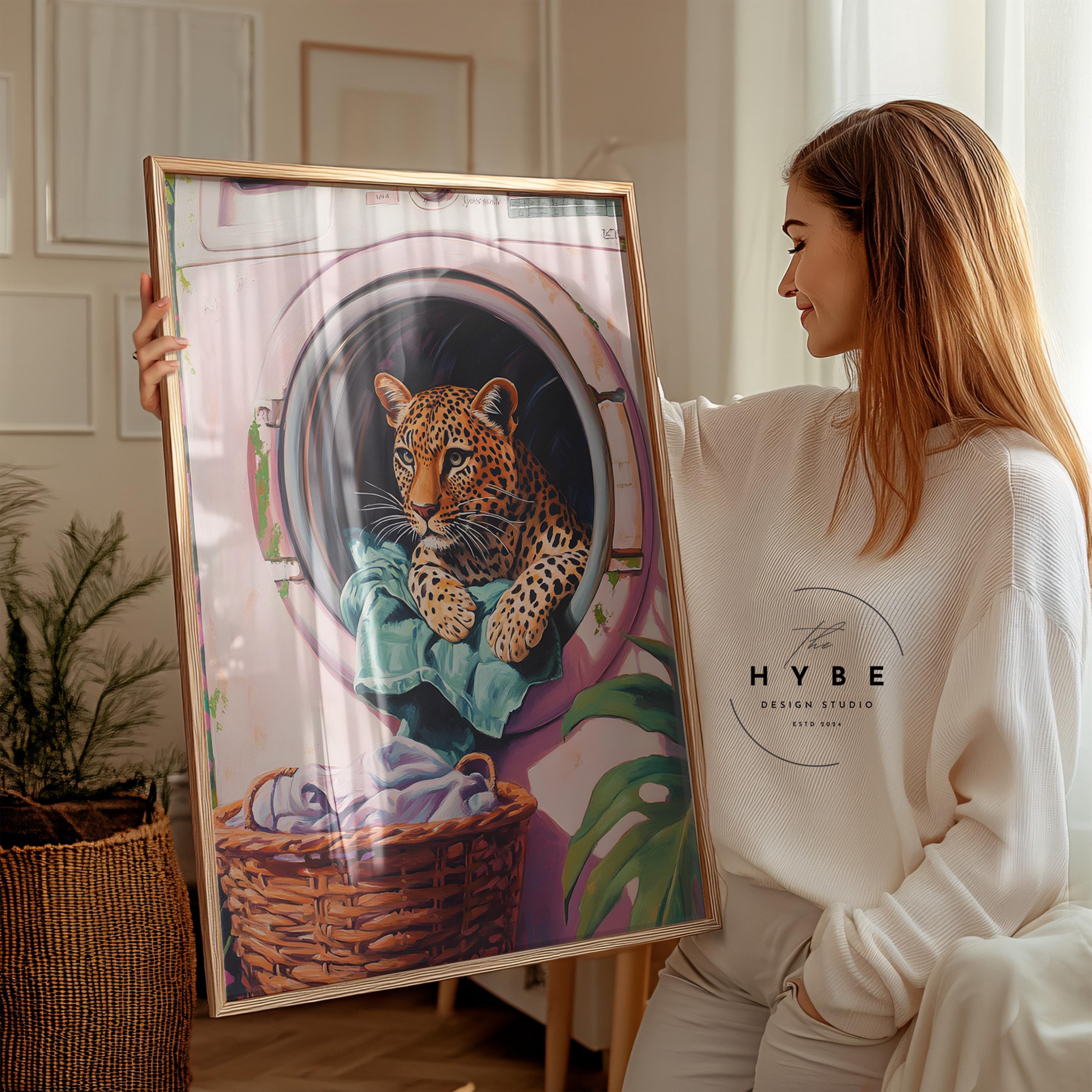 Leopard in Washing Machine | Preppy Wall Art | Maximalist Bathroom Wall ...