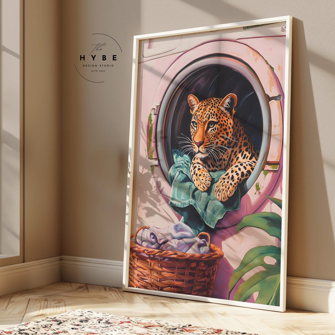 Leopard in Washing Machine | Preppy Wall Art | Maximalist Bathroom Wall ...