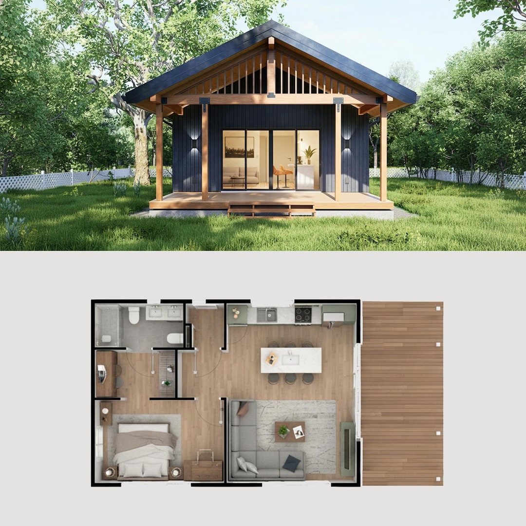 1 Bedroom Small Cabin ADU House Plan – 575 Sq Ft, Vaulted Living - Etsy