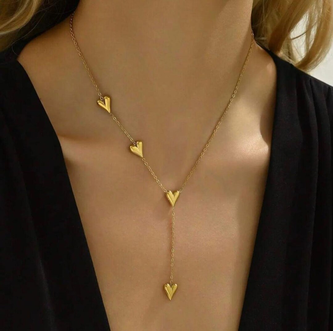 Gold Heart Y Necklace – Dainty Lariat Pendant - Etsy