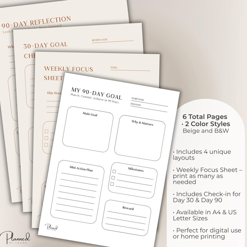 90 Day Goal Planner Printable – Set Goals, Reflect and Track Progress ...