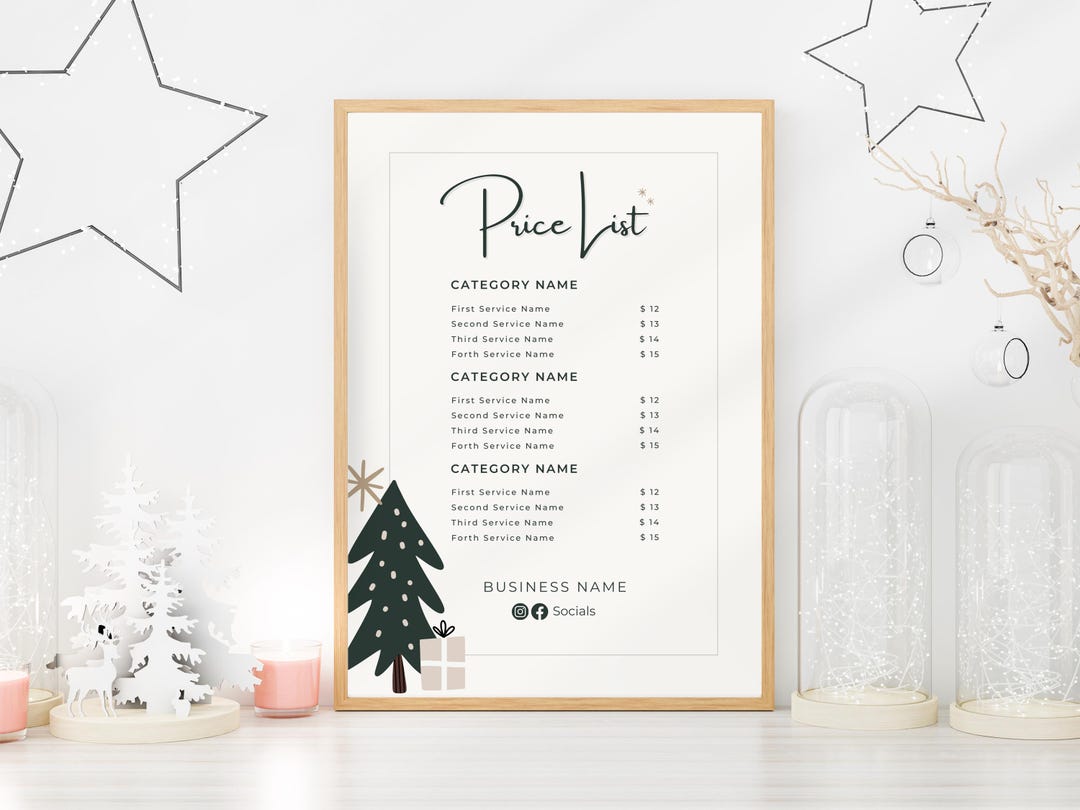 Christmas Price List Template, Editable Holiday Vendor Pricing Sign ...