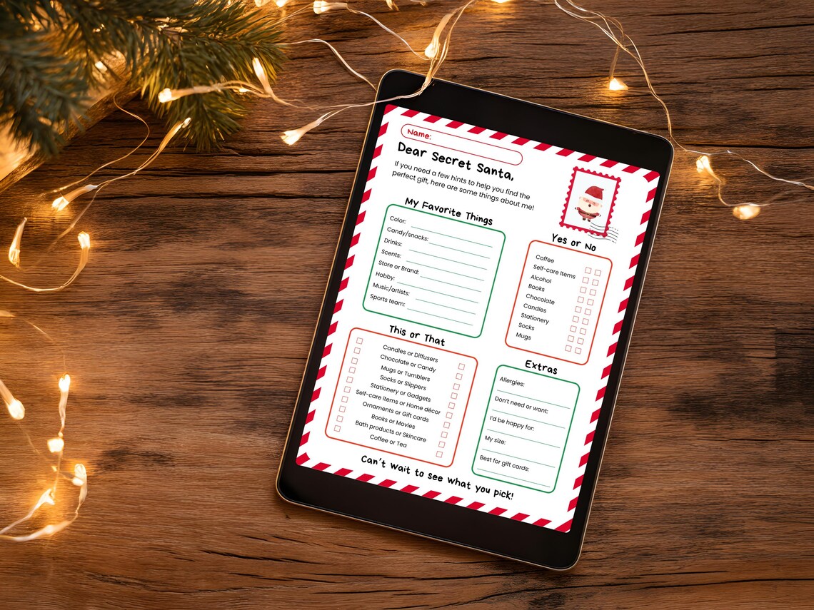 Secret Santa Questionnaire Printable for Office Work, Printable PDF ...
