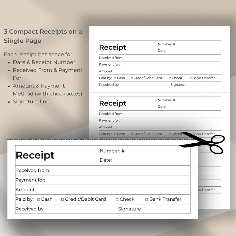 Printable Receipt Template PDF, 3 Receipts per Page for Services ...