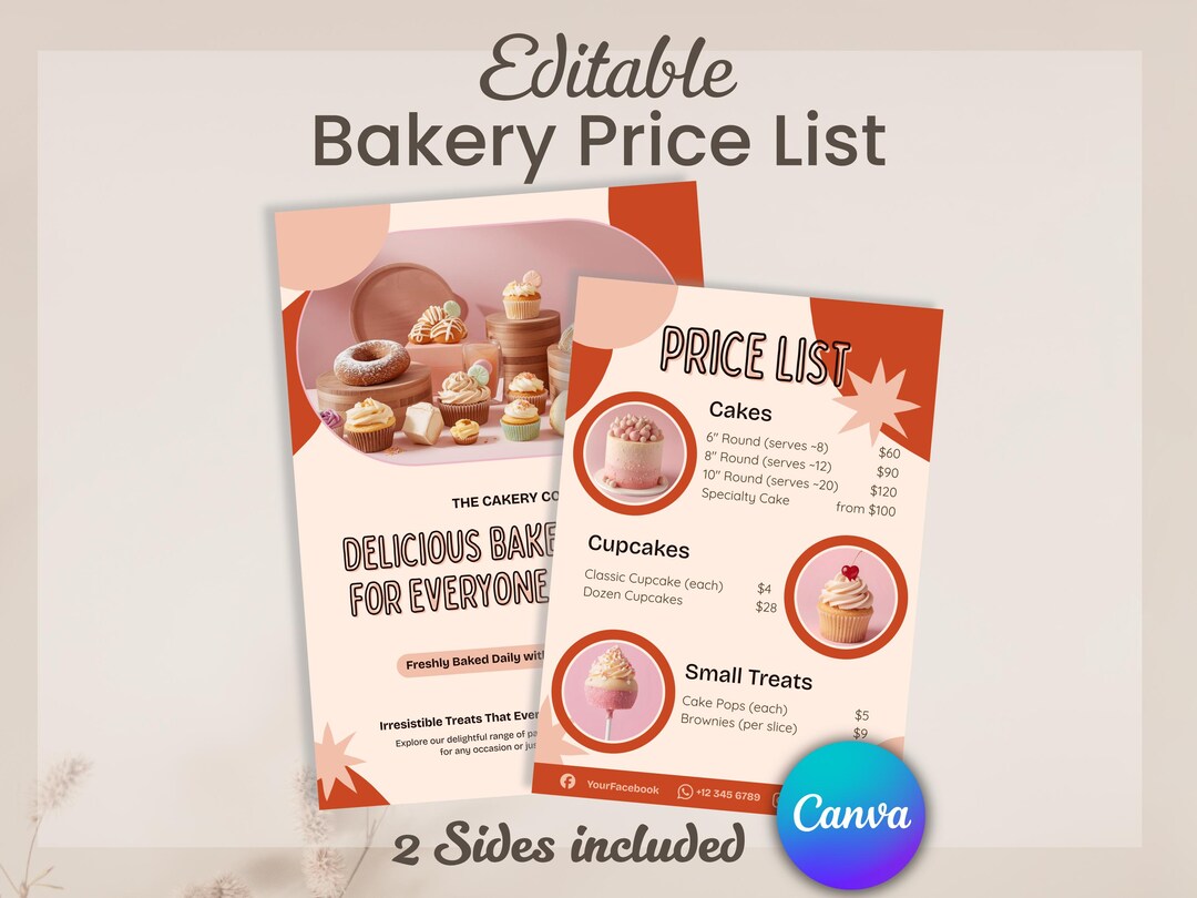 Editable Bakery Cake Price List Template, Cake Menu, Cupcakes and ...