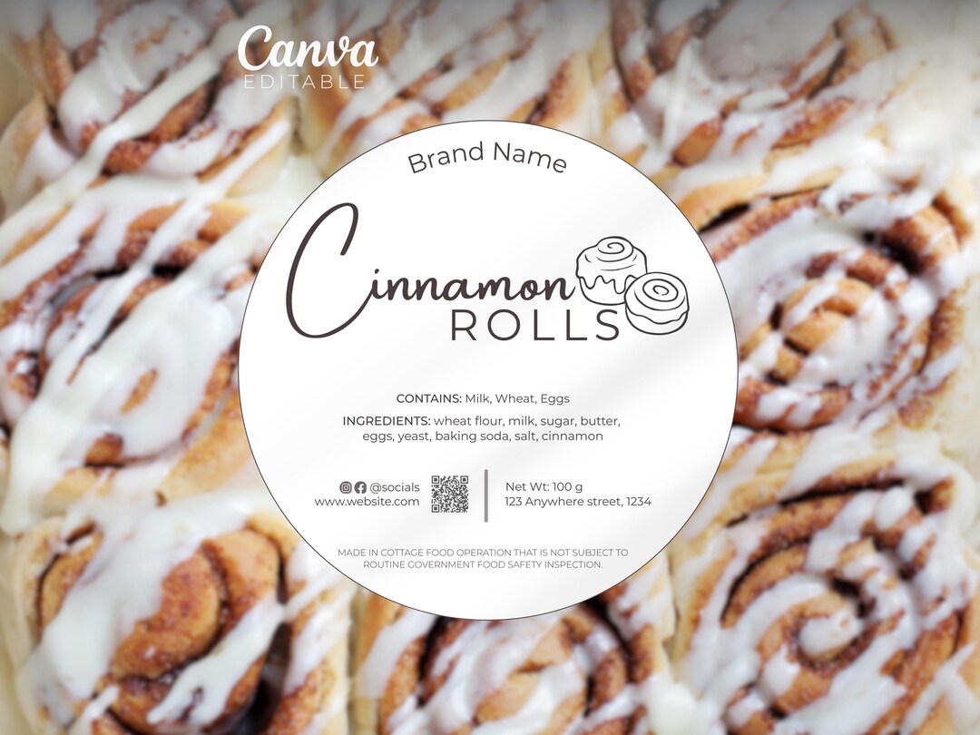 Cinnamon Roll Cottage Food Label, Editable Ingredient & Allergen ...