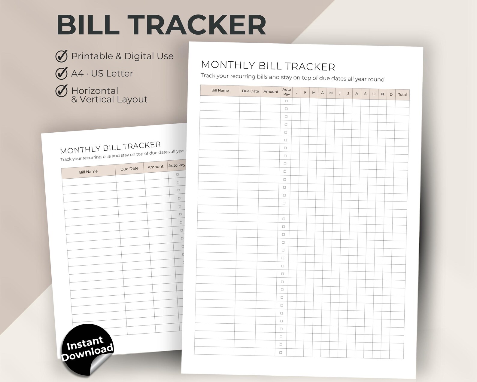 Monthly Bill Tracker Printable, Bill Payment Log PDF, Vertical and ...