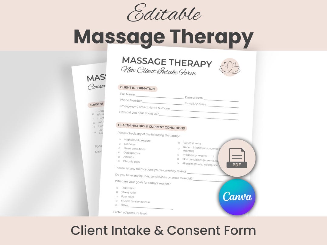 Massage Therapy Client Intake and Consent Form, Editable Canva Template ...