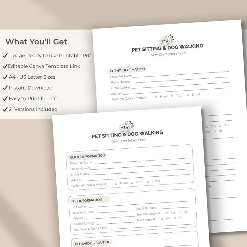 Pet Sitting Client Intake Form Canva Template, Pet Sitter New Client ...