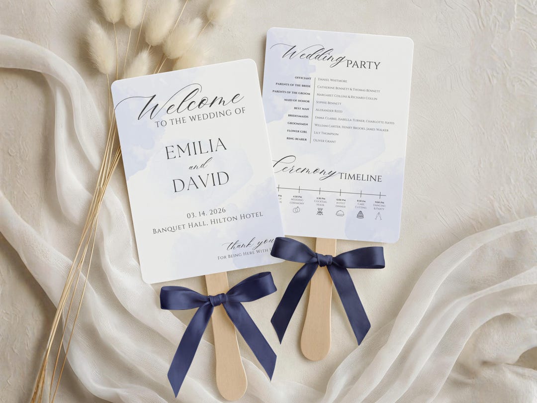 Wedding Ceremony Program Fan Template | Dusty Blue Watercolor Timeline ...