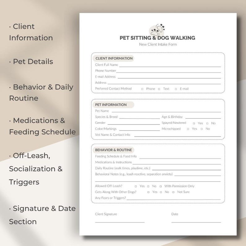 Pet Sitting Client Intake Form Canva Template, Pet Sitter New Client ...