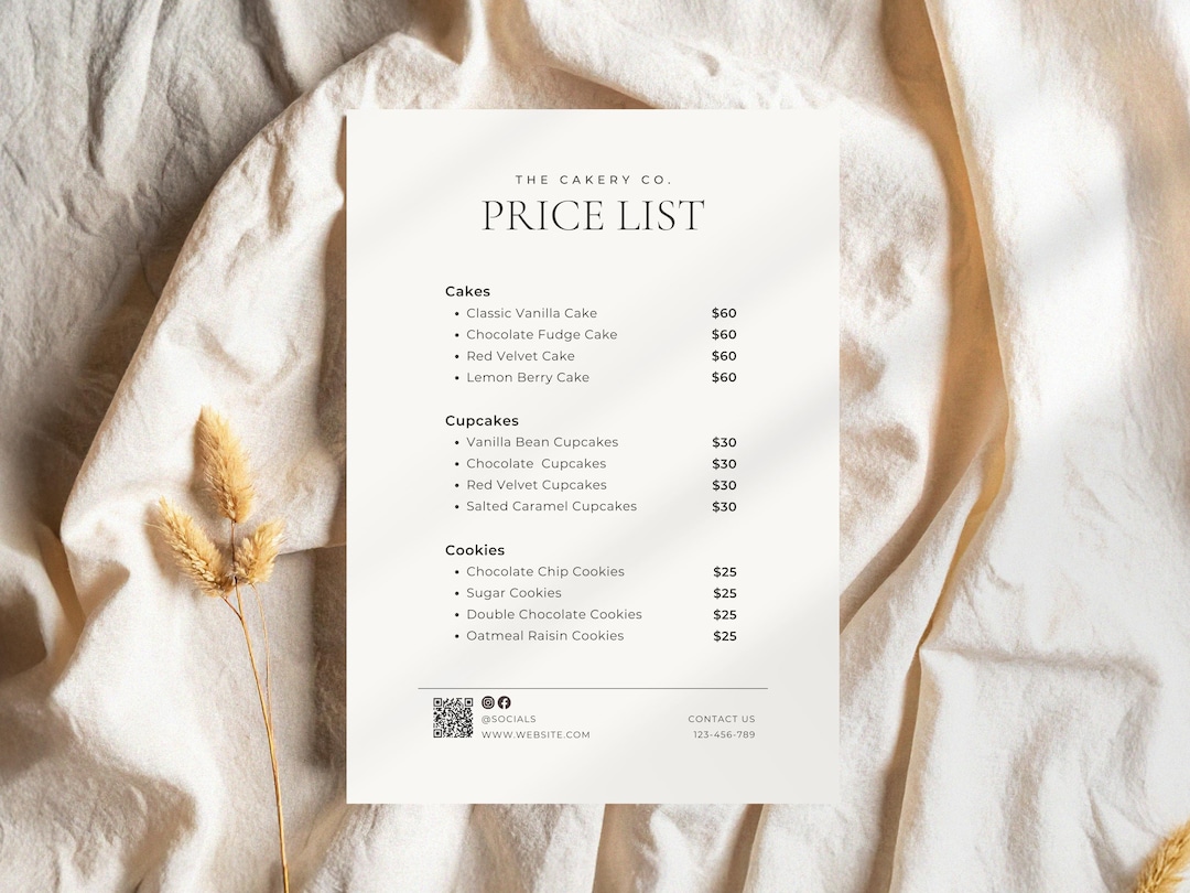 Bakery Price List Template, Minimal Bakery Menu & Cake Price Sheet ...