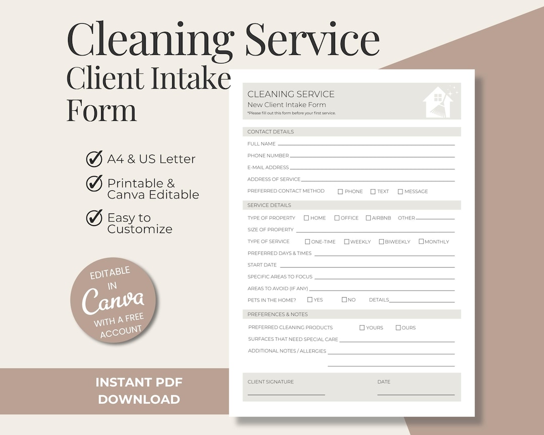 Cleaning Client Intake Form Canva Template – Editable House Cleaning ...