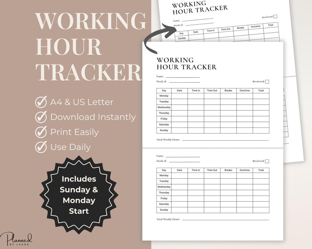 Printable Employee Time Sheet, Weekly Work Hours Tracker PDF · Timecard ...