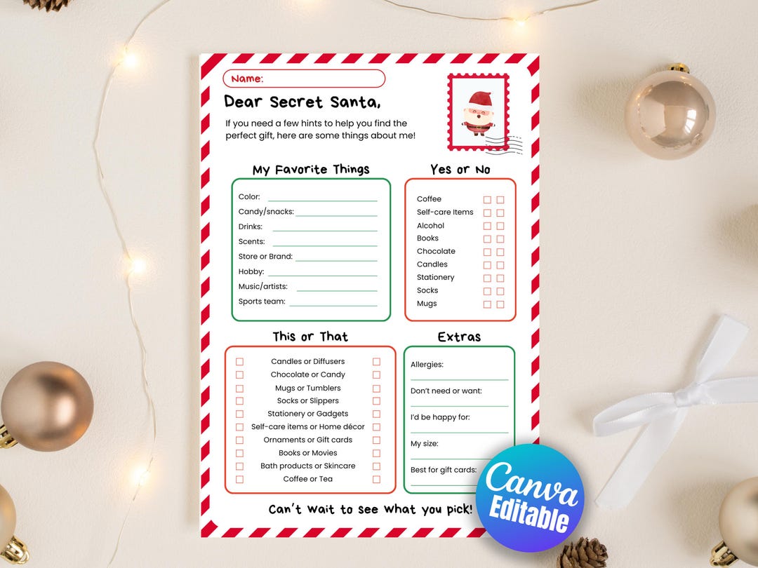 Secret Santa Questionnaire Printable for Office Work, Printable PDF ...