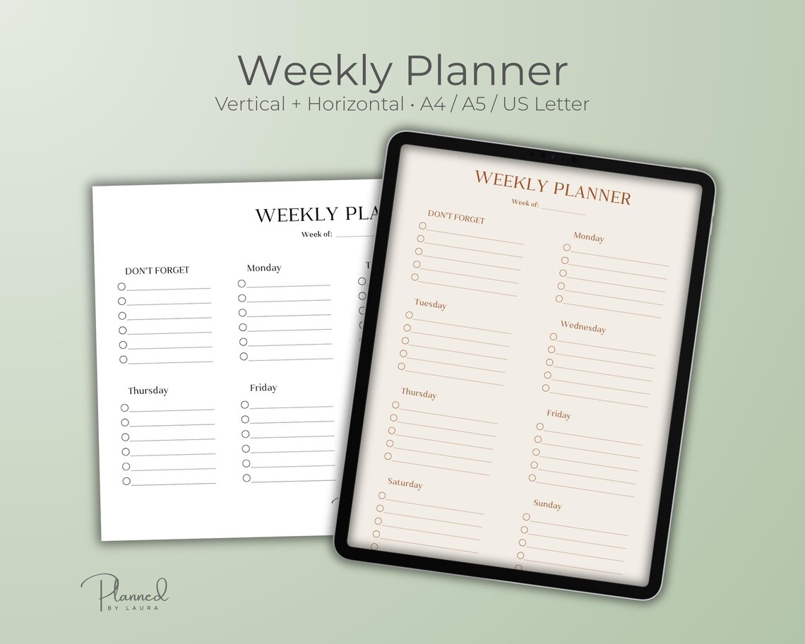 Weekly Planner Printable – Horizontal & Vertical Layouts • A4, A5, US ...