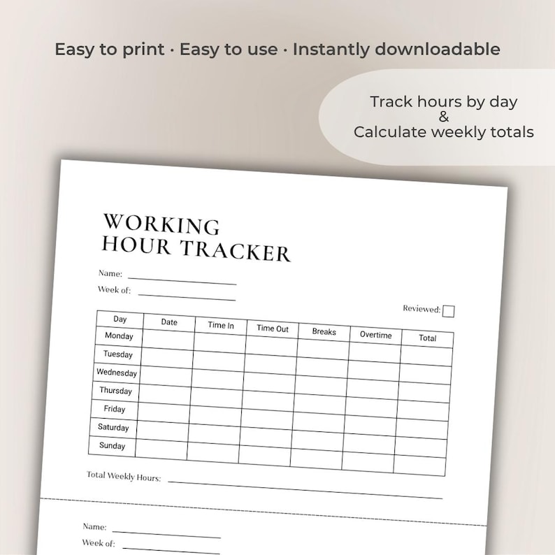 Working Hour Tracker Printable | Weekly Work Log | Hours Worked ...