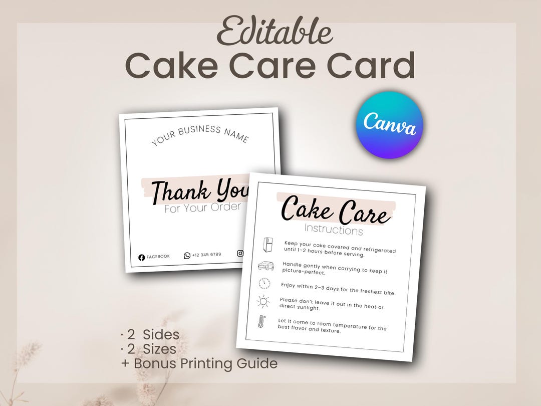 Cake Care Card Template | Editable Canva Design Template| Business Card ...