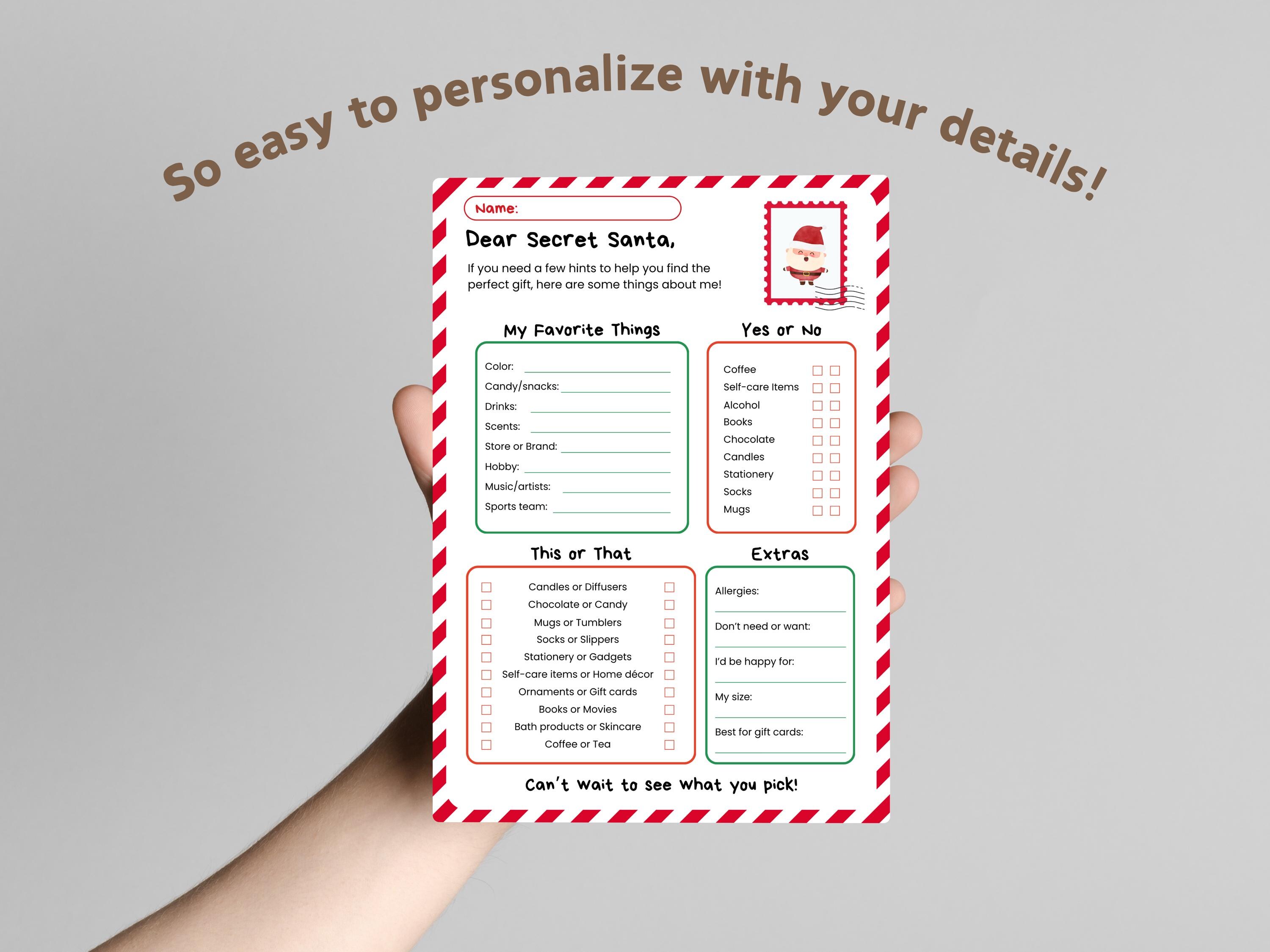 Secret Santa Questionnaire Printable for Office Work, Printable PDF ...