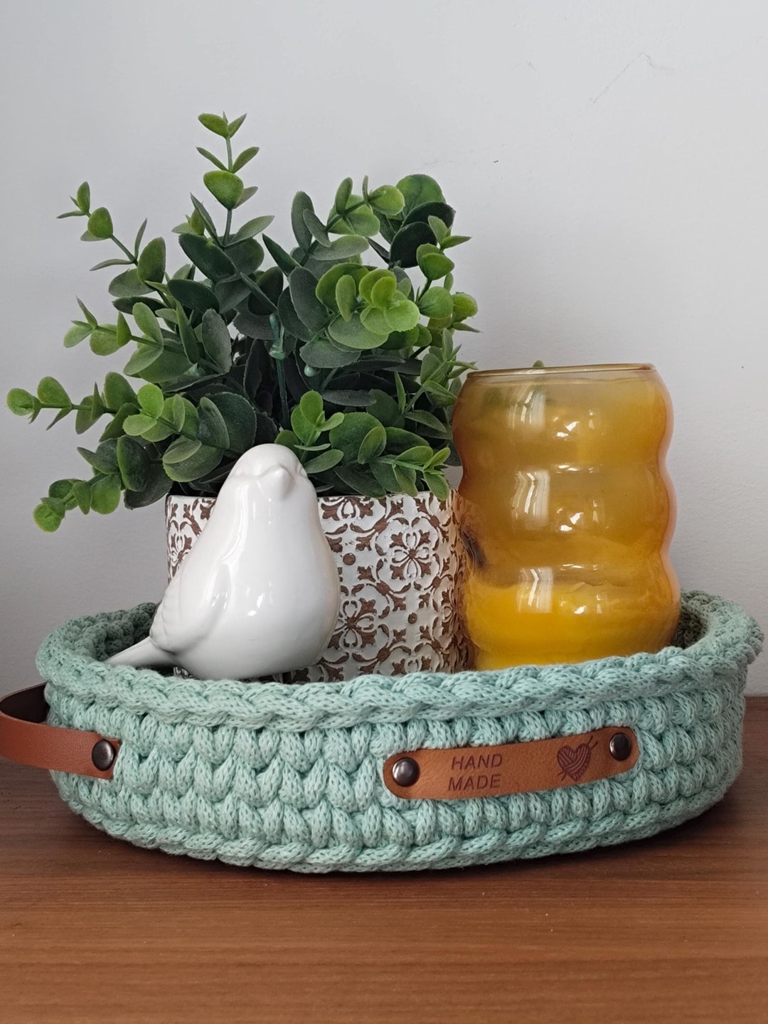 Handmade Crochet Tray With Leather Handles Decorative Storage Basket ...