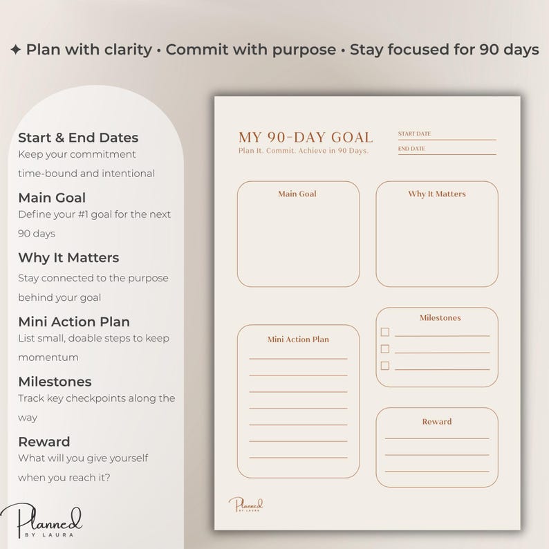 90 Day Goal Planner Printable – Set Goals, Reflect and Track Progress ...