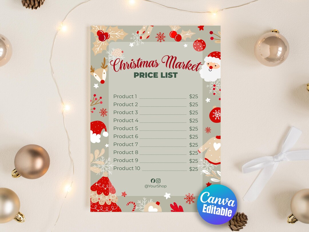 Christmas Market Price List Template, Editable Canva Sign for Craft ...