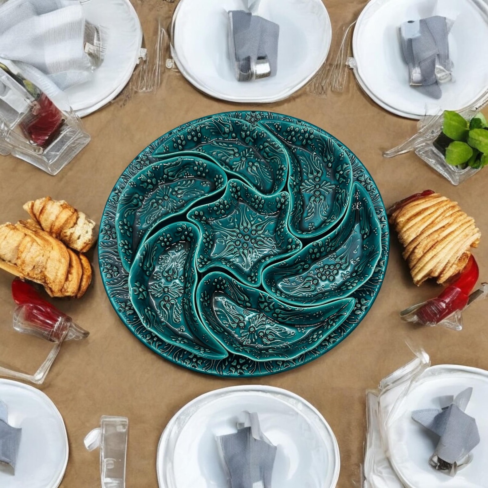 Turquoise Teal Ceramic Snack Serving Set, Handmade Turkish Pottery ...