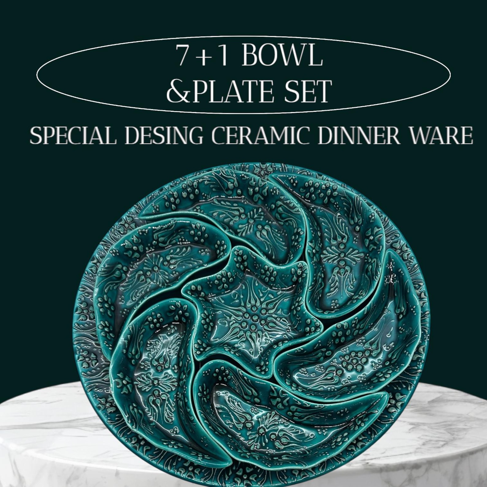 Turquoise Teal Ceramic Snack Serving Set, Handmade Turkish Pottery ...