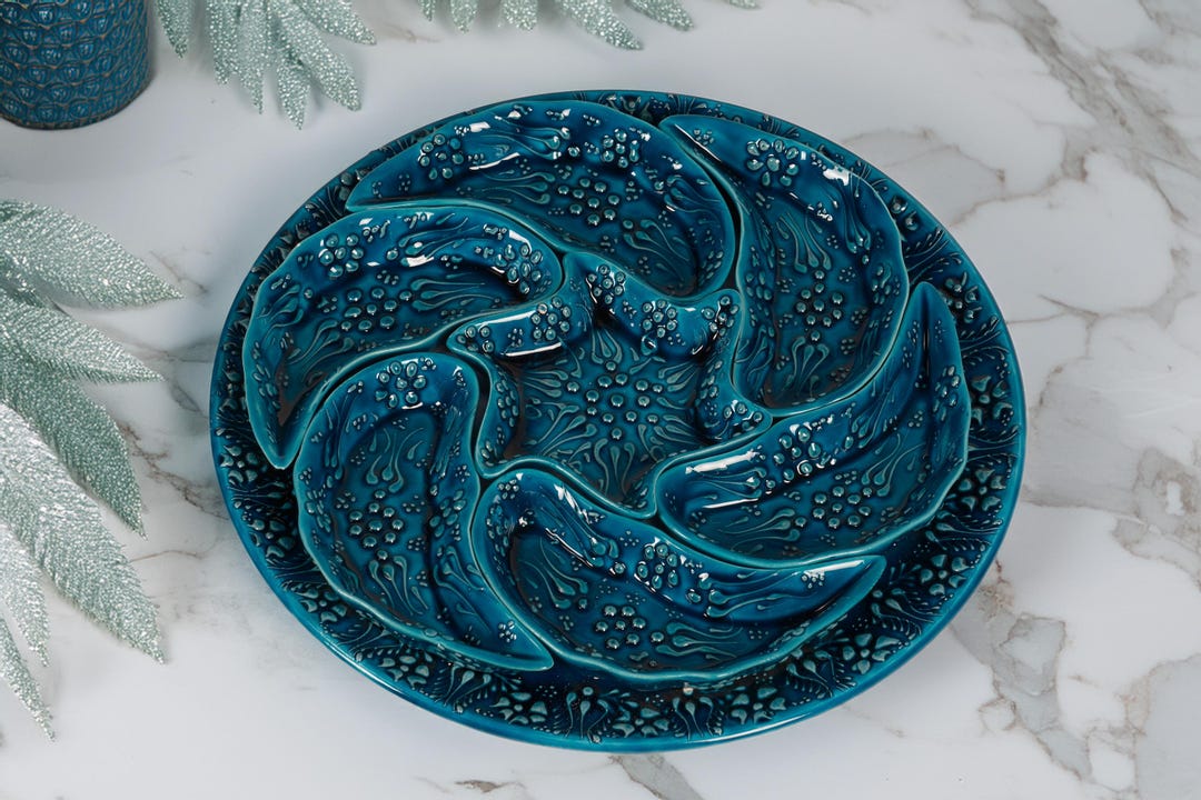 Turquoise Teal Ceramic Snack Serving Set, Handmade Turkish Pottery ...