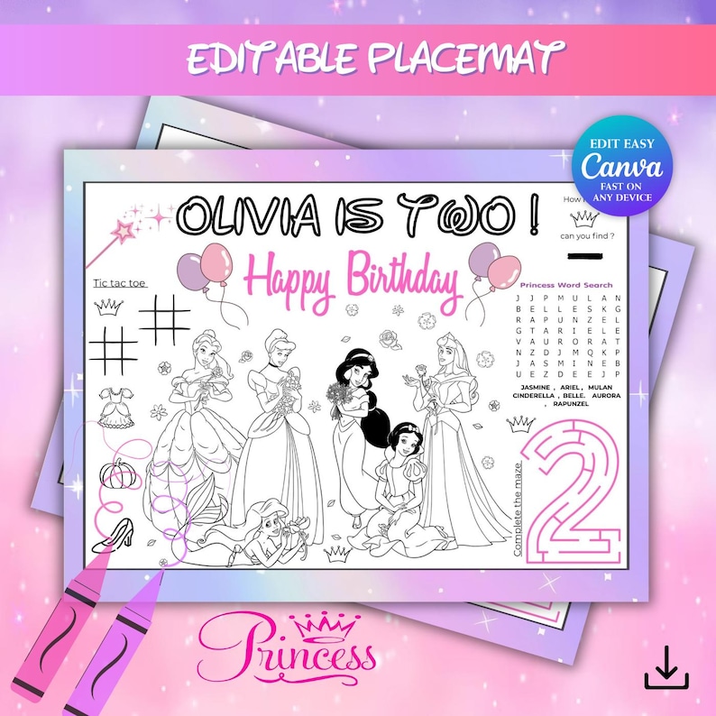 Editable Disney Princess Activity Sheet | Printable Party Placemat ...