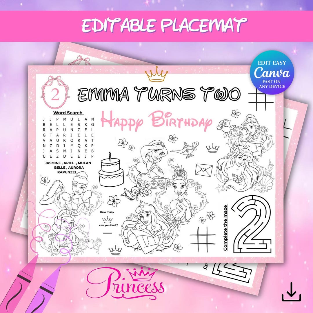 Editable Disney Princess Activity Sheet | Printable Party Placemat ...