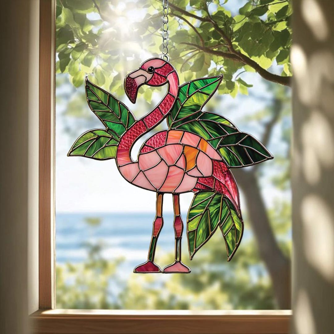Pink Flamingo Faux Stained Glass Suncatcher, Acrylic Flamingo Window ...