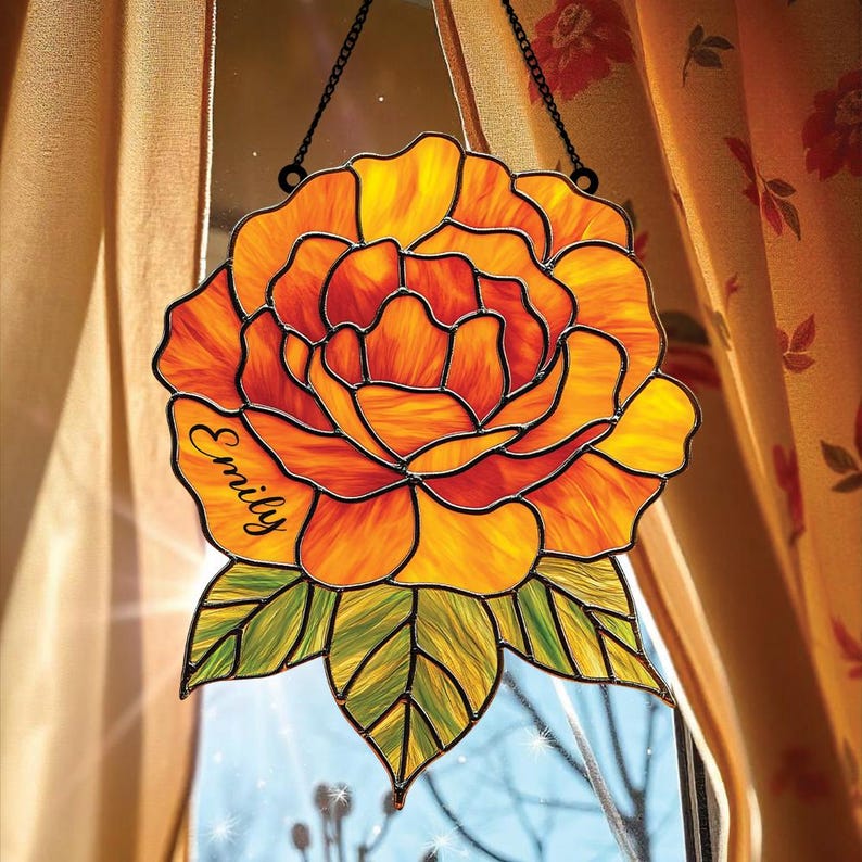 October Birth Flower Marigold Suncatcher Custom Name, Floral Window ...