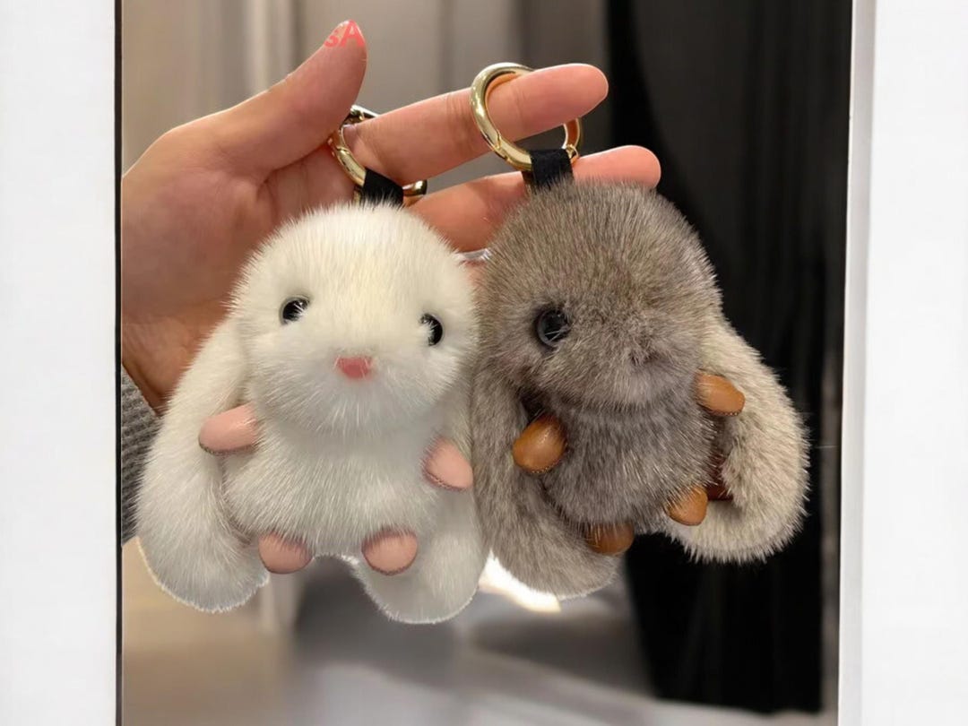 Cute Fluffy Rabbit Keychain Plush Pompon Bunny Bag Pendant, Couple Car ...