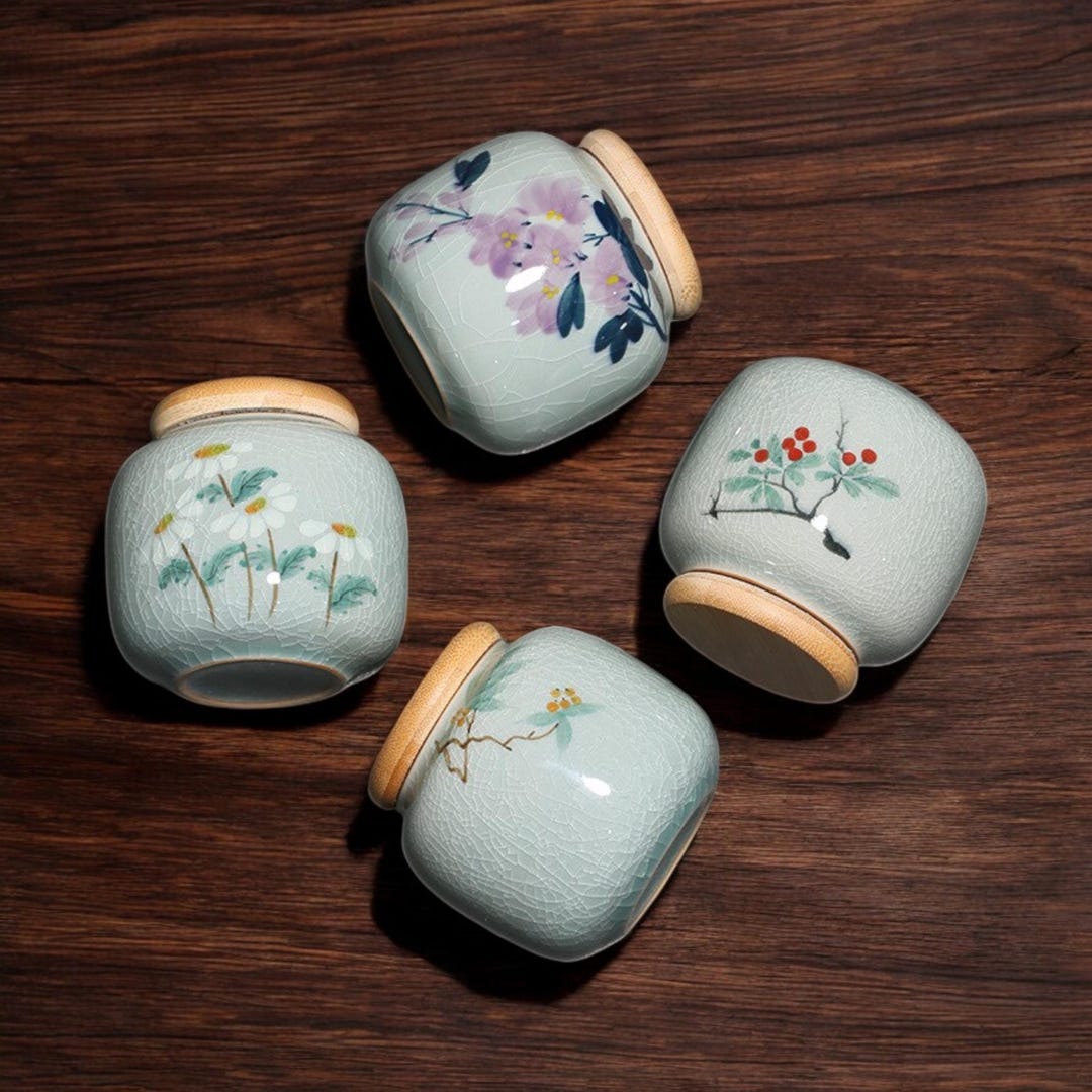 Handcrafted Ceramic Tea Storage Jar With Lid, Floral Patterned Small ...