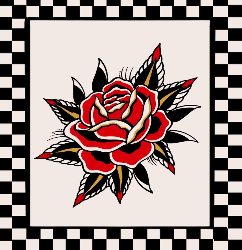 Tattoo Rose Blanket, Checkerboard Border, Vintage Flash Art Throw - Etsy
