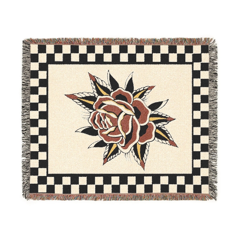 Tattoo Rose Blanket, Checkerboard Border, Vintage Flash Art Throw - Etsy