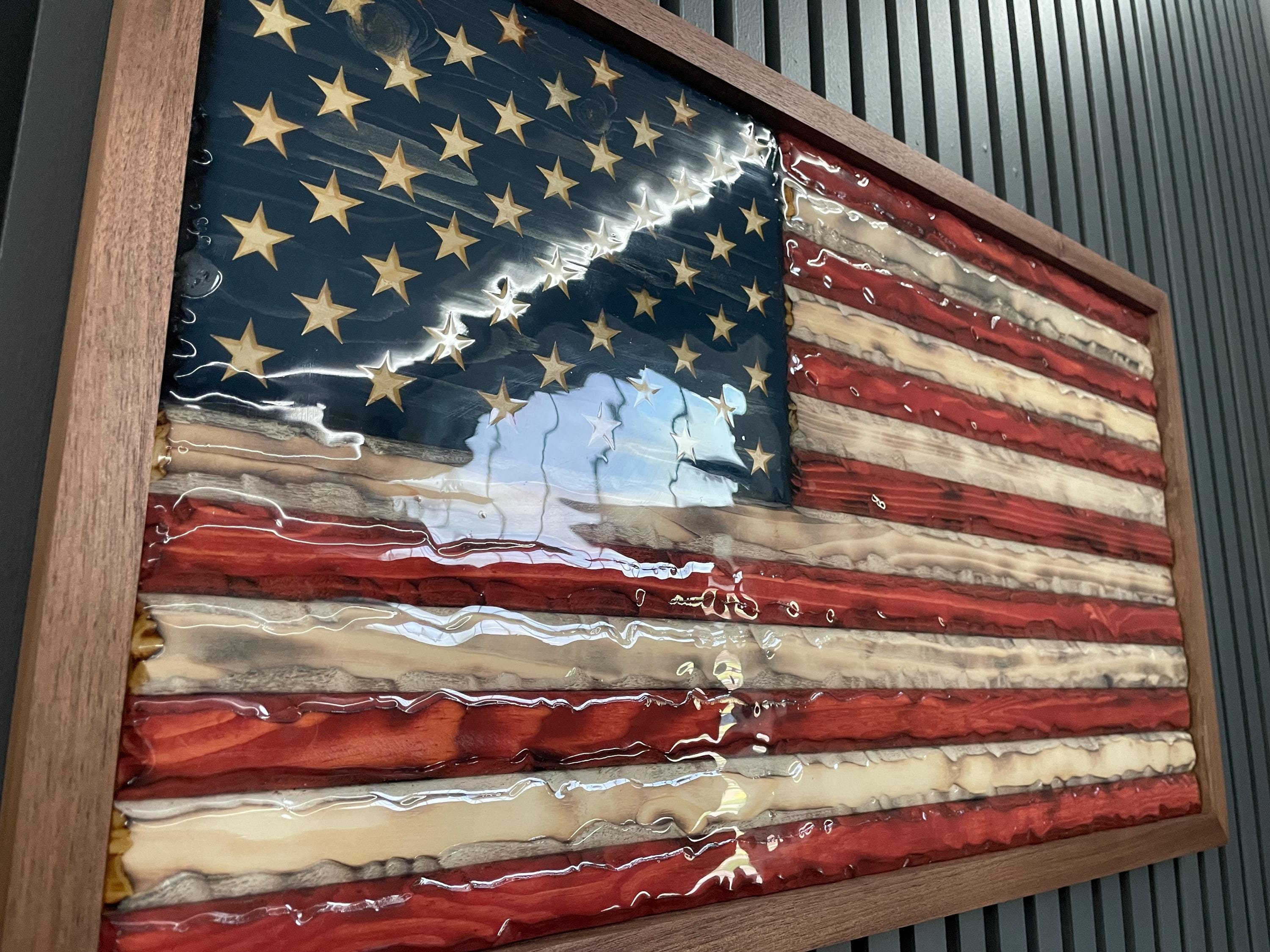 Handcrafted Wooden American Flag With CNC Stars and Glossy Resin Finish ...