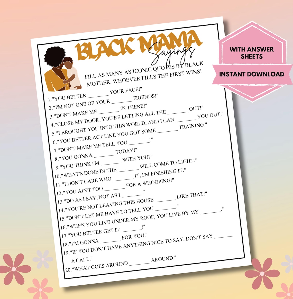 Black Mama Sayings Game, Black Baby Shower Game, Black Mama Sayings ...
