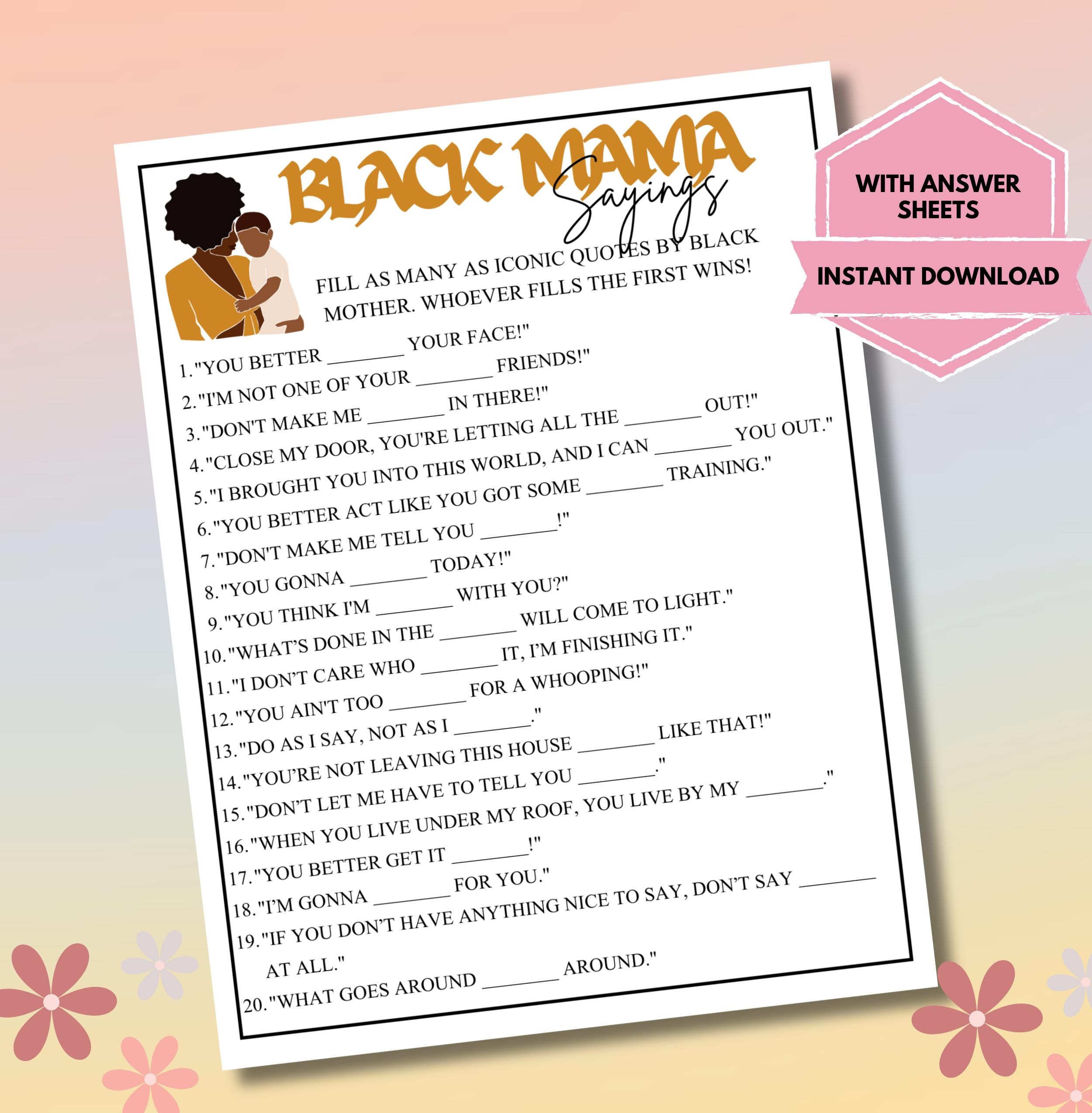 Black Mama Sayings Game, Black Baby Shower Game, Black Mama Sayings ...