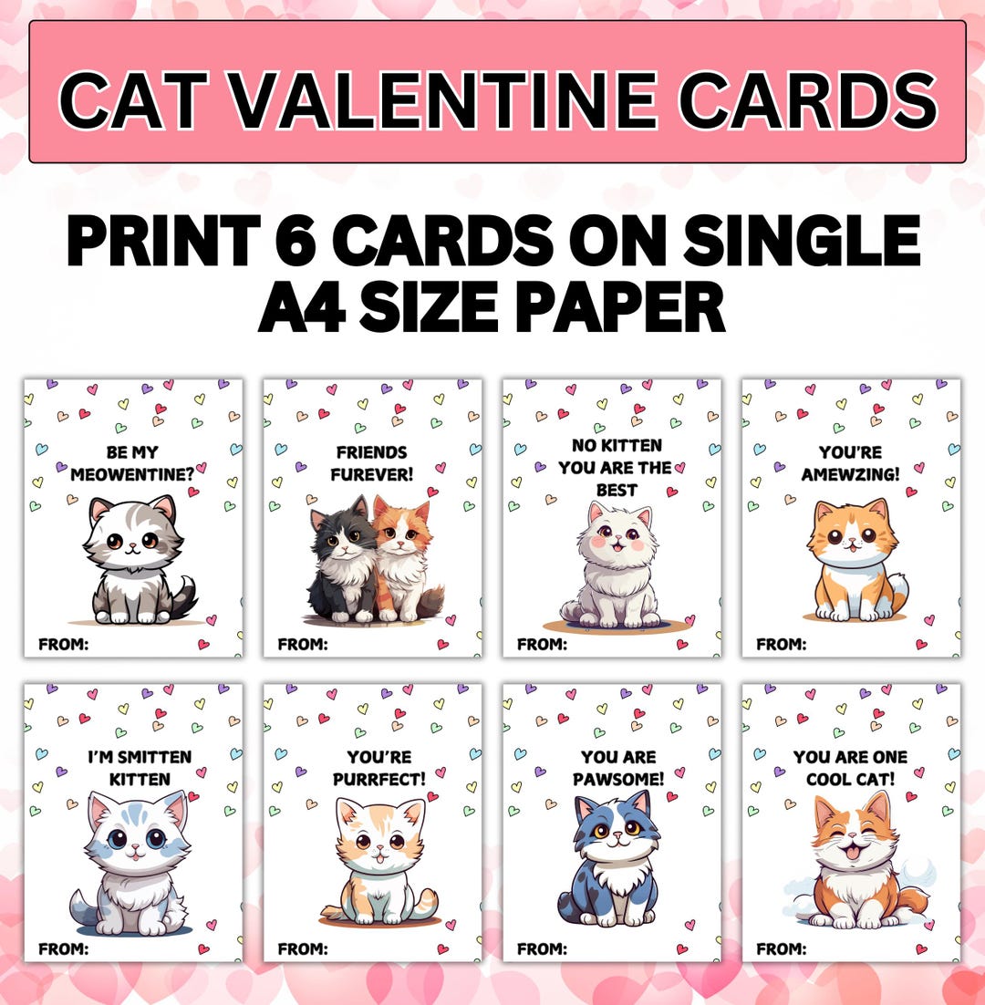 Printable Cat Valentine Cards, Classroom Valentines Day Cards, Kids ...