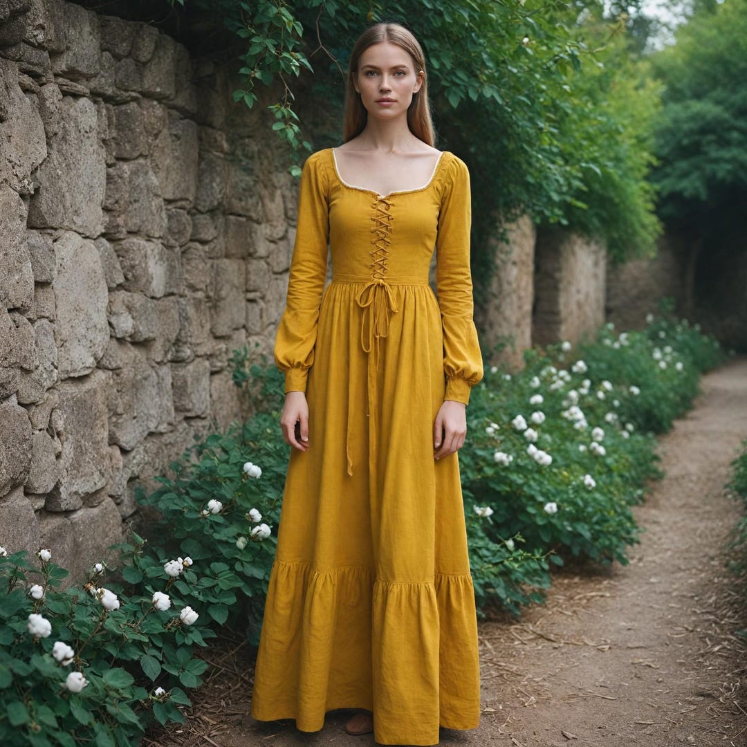 Mustard Linen Renaissance Dress Long Flowy Gown With Lace-up Bodice ...