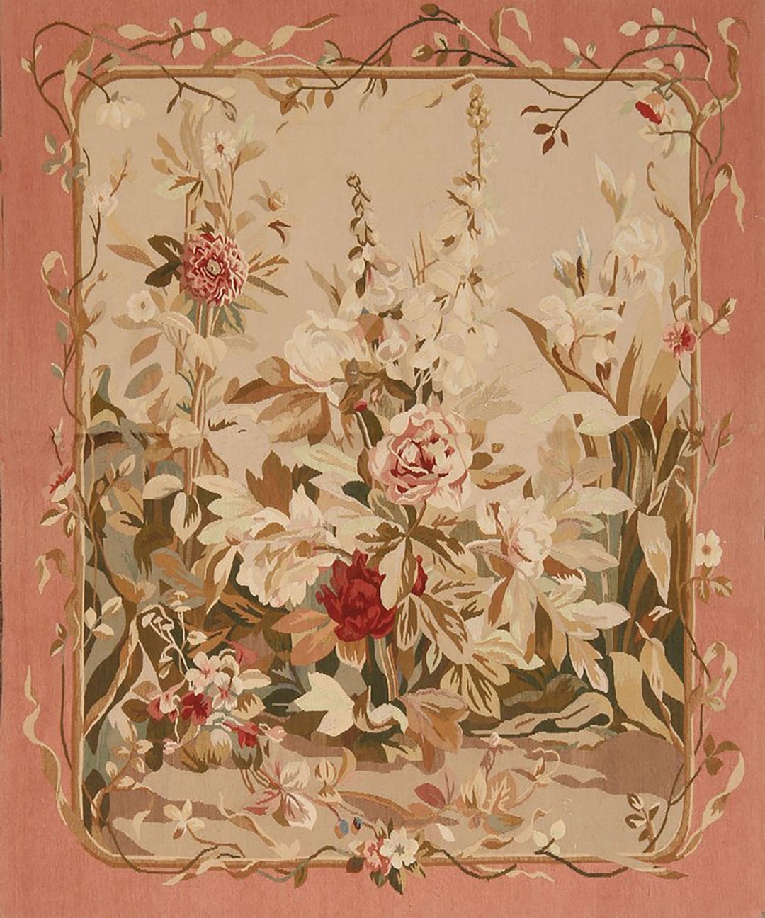 Rug & Kilim's European Cream Pink and Green Wool Floral Tapestry - Etsy