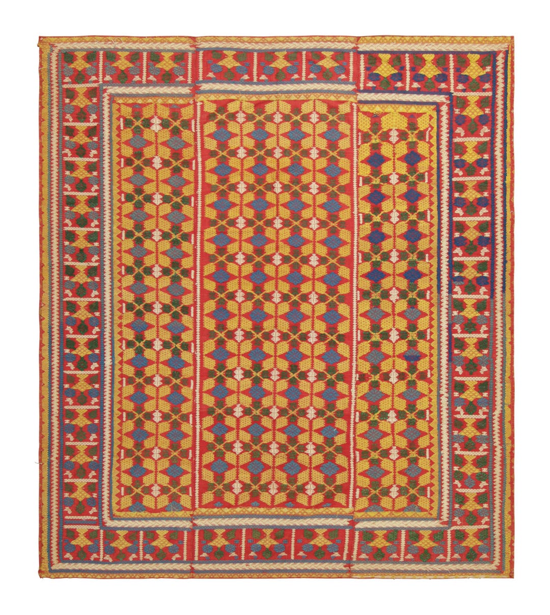 Vintage Chinese Textile, Red With Vibrant Geometric Brocade - Rug ...