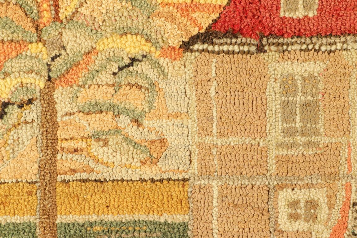 Antique Framed Hooked Rug, Beige With Country Home Pictorial - Rug ...